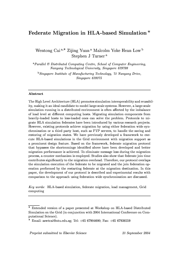 (PDF) Federate migration in HLA-based simulation