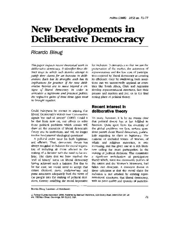 (PDF) New Developments in Deliberative Democracy
