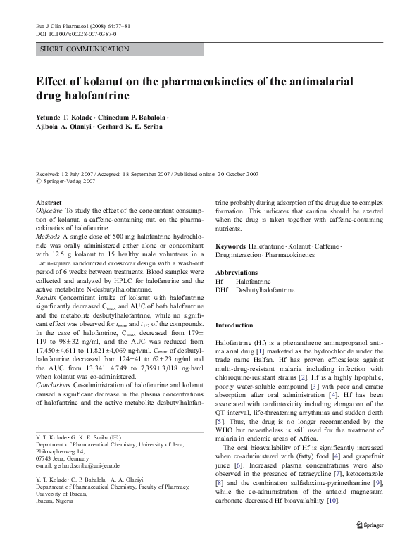 (PDF) Effect of kolanut on the pharmacokinetics of the antimalarial ...