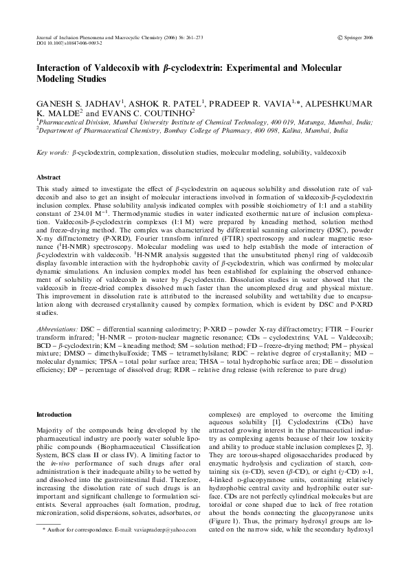 (PDF) Interaction of Valdecoxib with β-cyclodextrin: Experimental and MolecularModeling Studies