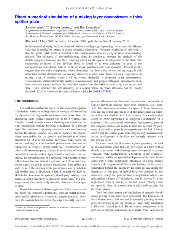 (PDF) Direct numerical simulation of a mixing layer downstream a thick splitter plate