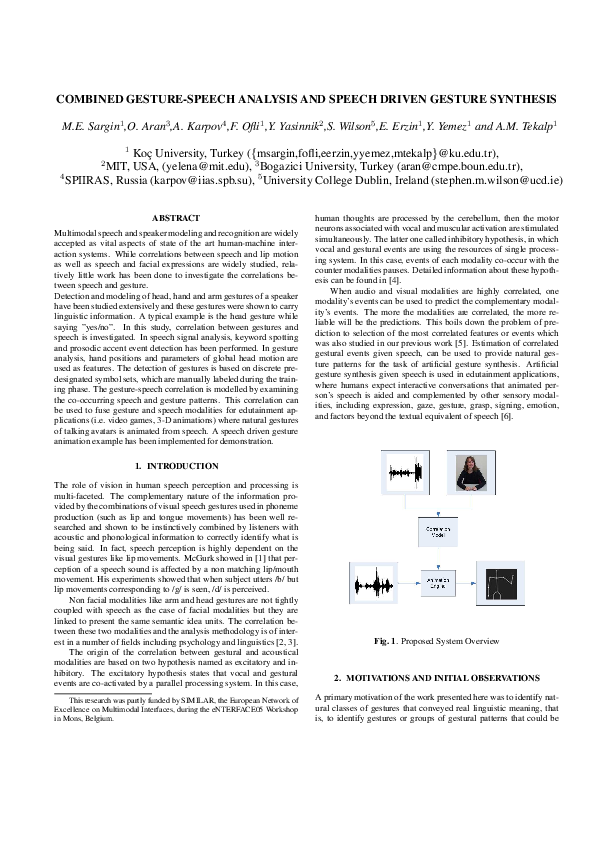 Pdf Combined Gesture Speech Analysis And Speech Driven Gesture Synthesis 