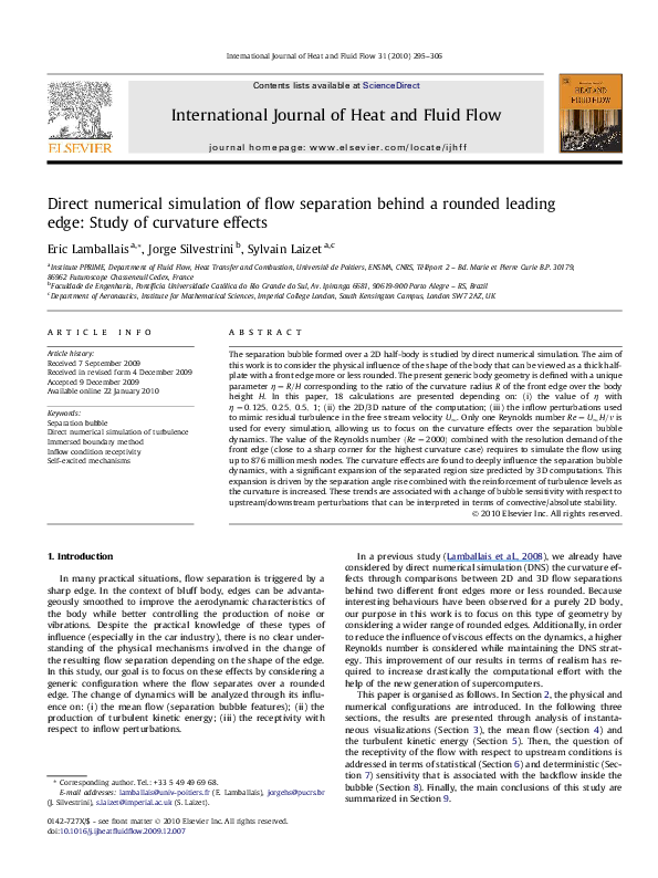 (PDF) Direct numerical simulation of flow separation behind a rounded leading edge: Study of ...