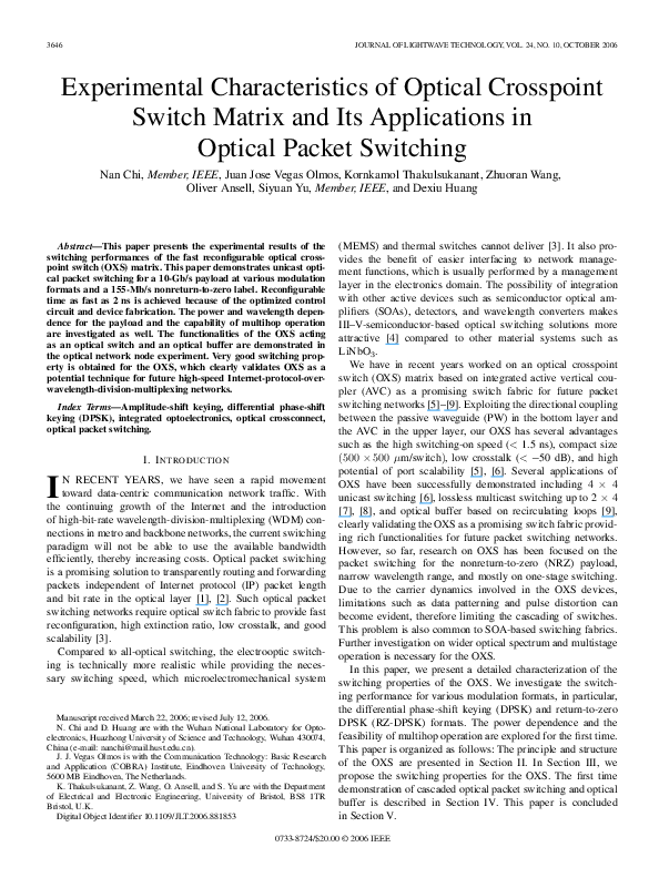 (PDF) Experimental characteristics of optical crosspoint switch matrix and its applications in ...