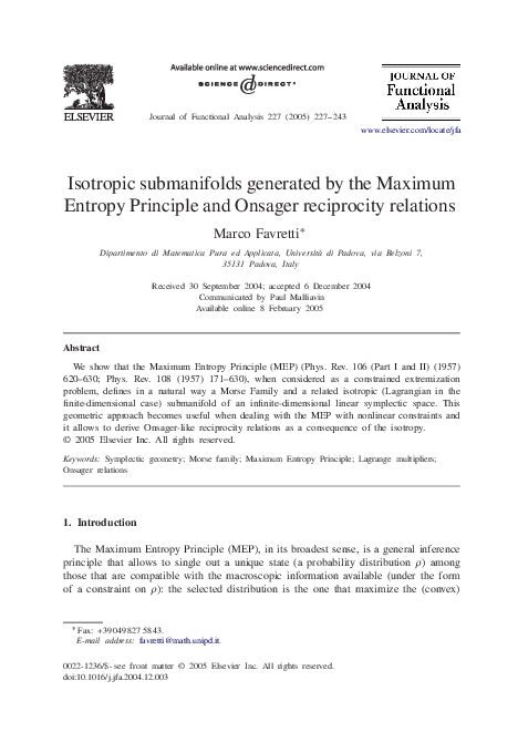(PDF) Isotropic submanifolds generated by the Maximum Entropy Principle and Onsager reciprocity ...