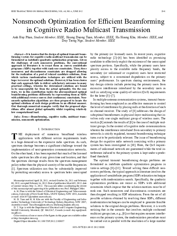 (PDF) Nonsmooth Optimization for Efficient Beamforming in Cognitive Radio Multicast Transmission