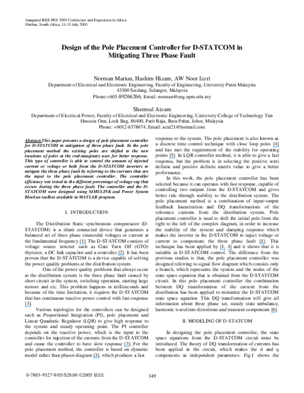 Pdf Design Of The Pole Placement Controller For D Statcom In