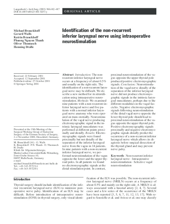 (PDF) Identification of the non-recurrent inferior laryngeal nerve ...