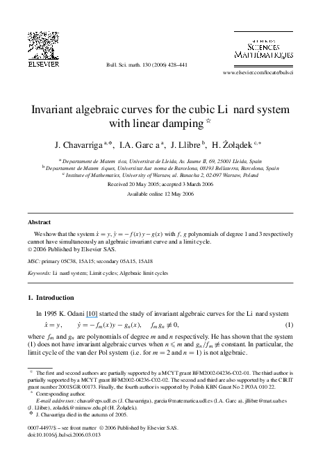 (PDF) Invariant algebraic curves for the cubic Liénard system with linear damping | Isaac Garcia ...