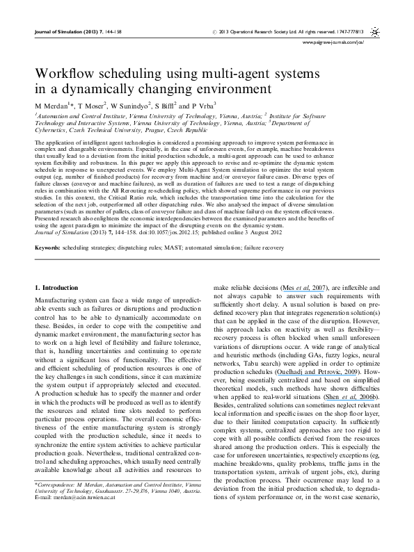 Pdf Workflow Scheduling Using Multi Agent Systems In A Dynamically
