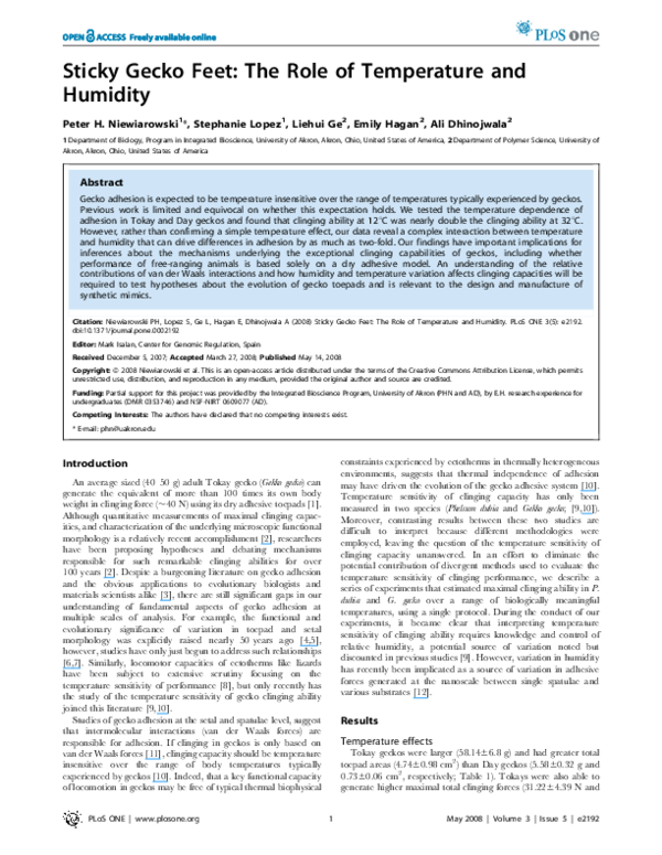 (PDF) Sticky Gecko Feet: The Role of Temperature and Humidity