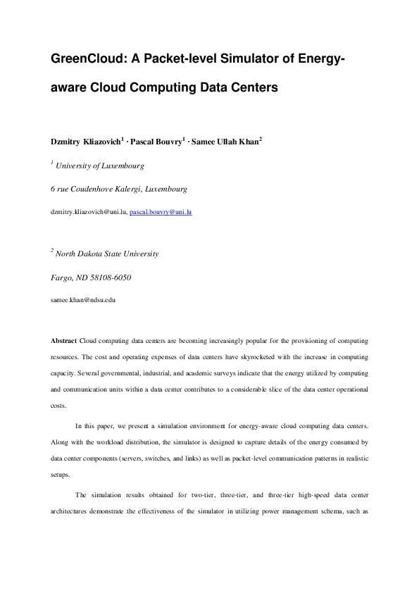 (PDF) GreenCloud: A Packet-Level Simulator of Energy-Aware Cloud ...