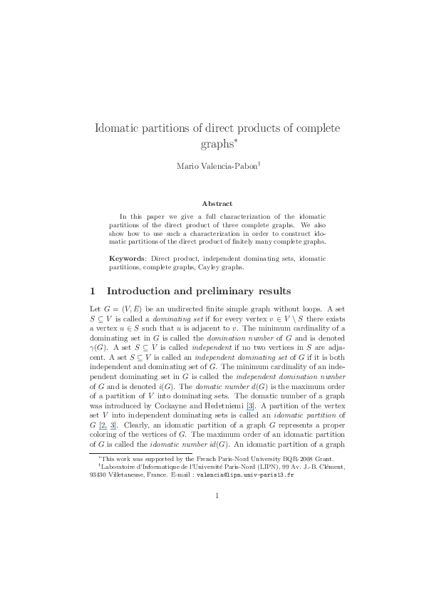(PDF) Idomatic partitions of direct products of complete graphs