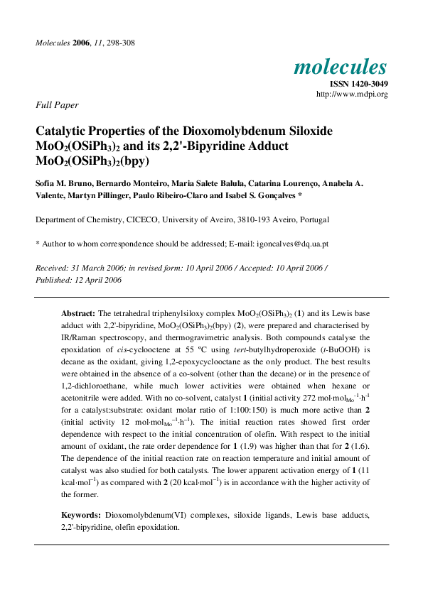 (PDF) Catalytic Properties of the Dioxomolybdenum Siloxide MoO2(OSiPh3 ...