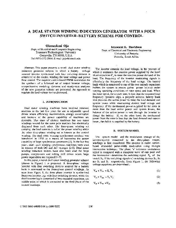 Pdf A Dual Stator Winding Induction Generator With A Four Switch Inverter Battery Scheme For