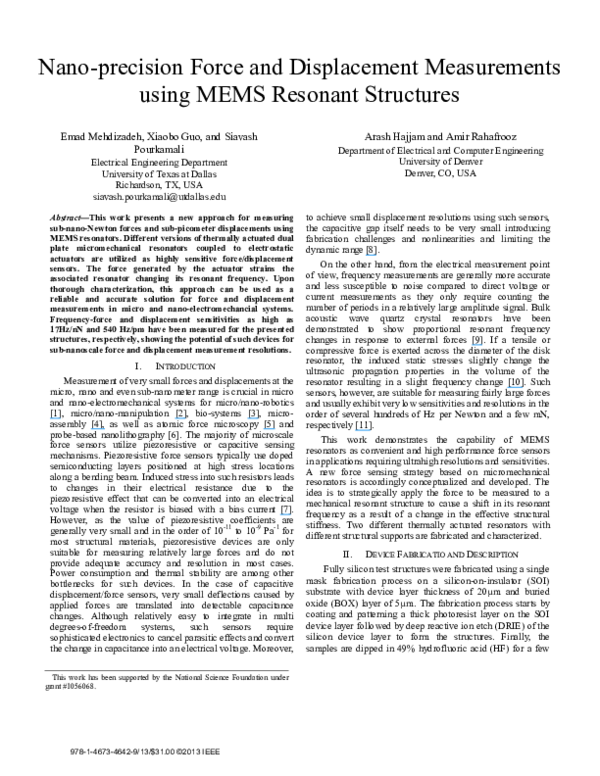 Pdf Nano Precision Force And Displacement Measurements Using Mems Resonant Structures Arash