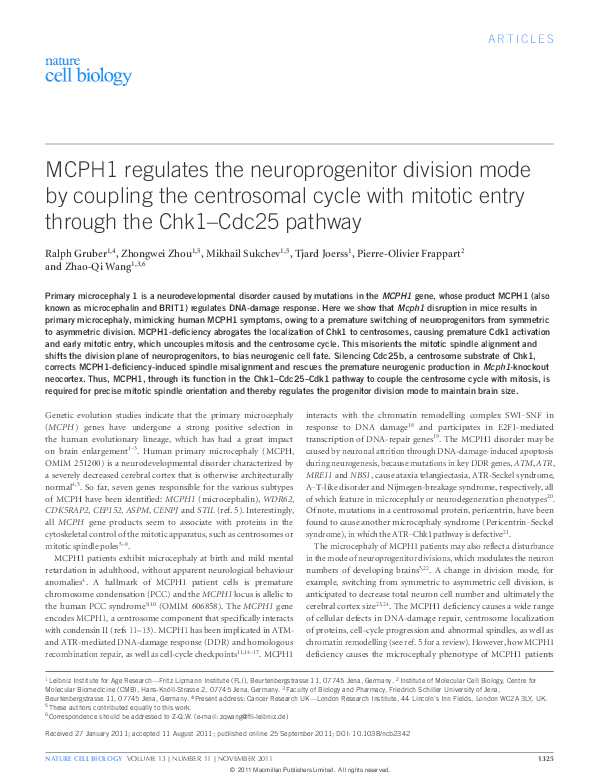 (PDF) MCPH1 regulates the neuroprogenitor division mode by coupling the ...