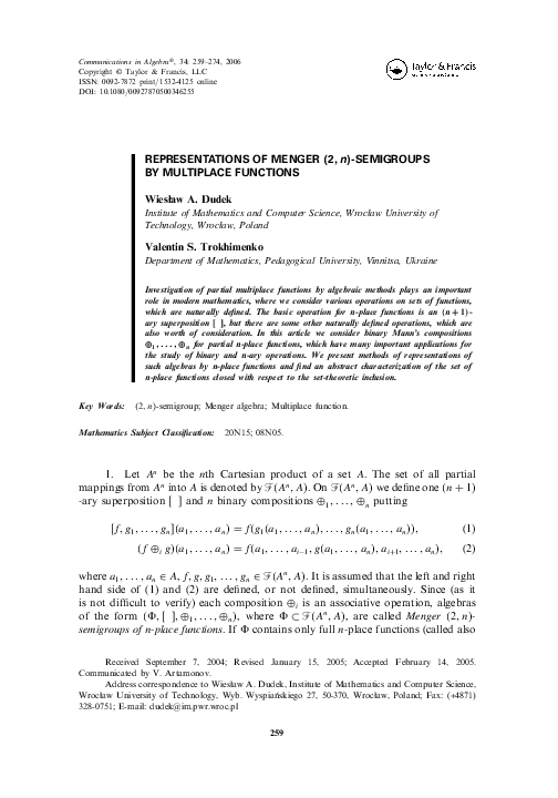 (PDF) Representations of Menger (2, n )-Semigroups by Multiplace Functions