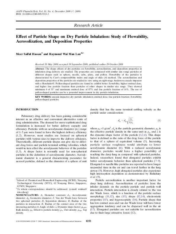 (PDF) Effect of Particle Shape on Dry Particle Inhalation: Study of Flowability, Aerosolization ...
