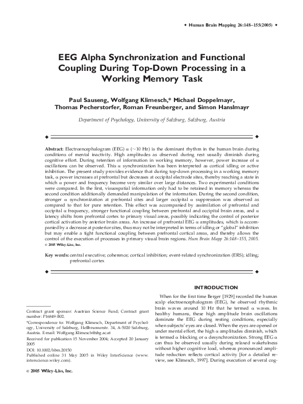 (PDF) EEG alpha synchronization and functional coupling during top-down processing in a working ...