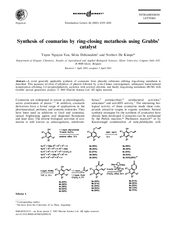 (PDF) Synthesis of Coumarins by Ring-Closing Metathesis Using Grubbs ...