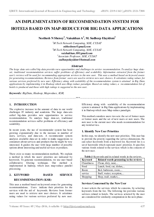 (PDF) AN IMPLEMENTATION OF RECOMMENDATION SYSTEM FOR HOTELS BASED ON ...