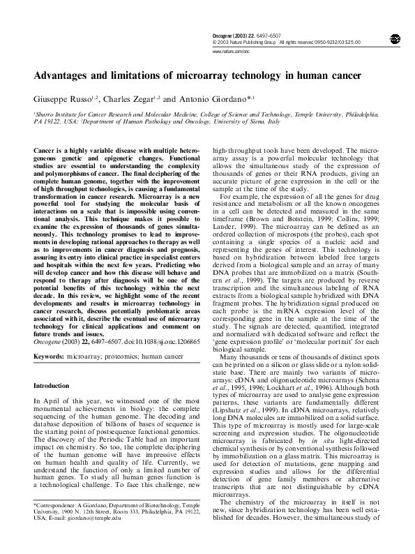(PDF) Advantages and limitations of microarray technology in human cancer