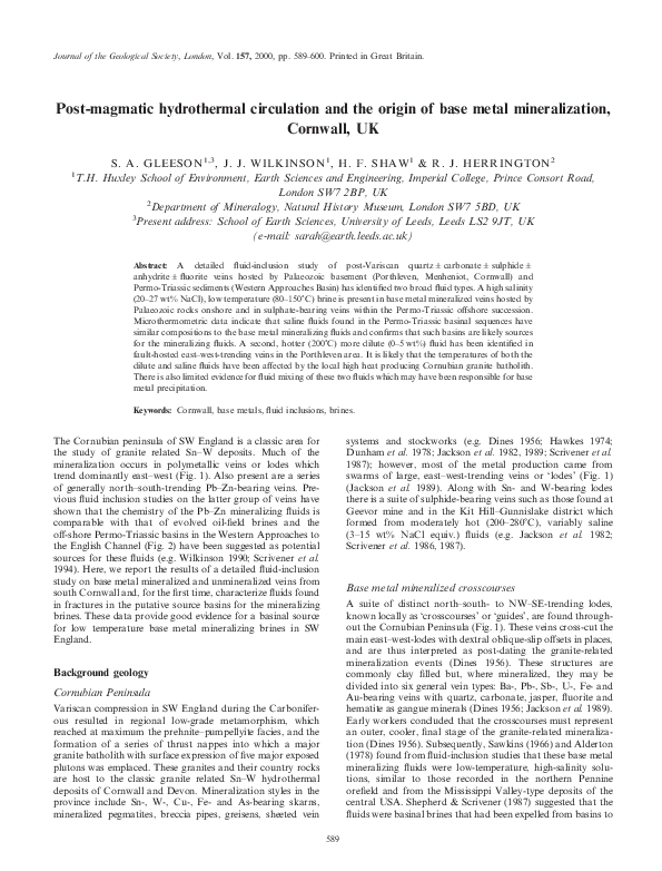 (PDF) Post-magmatic hydrothermal circulation and the origin of base ...