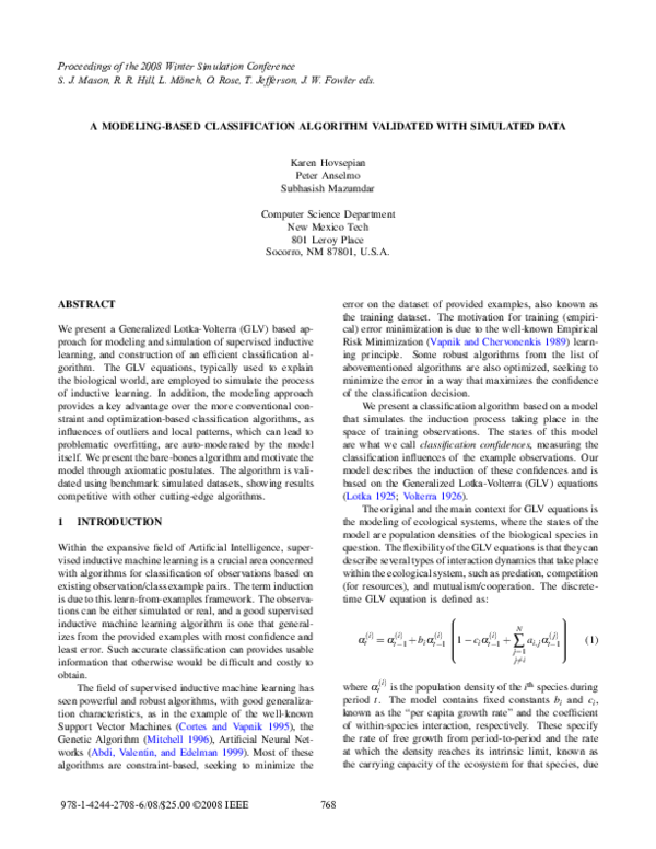 Pdf A Modeling Based Classification Algorithm Validated With 2141