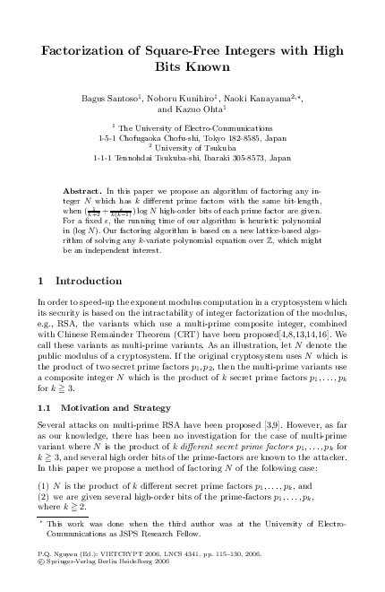 (PDF) Factorization of Square-Free Integers with High Bits Known