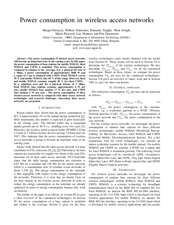 (PDF) Power consumption in wireless access network