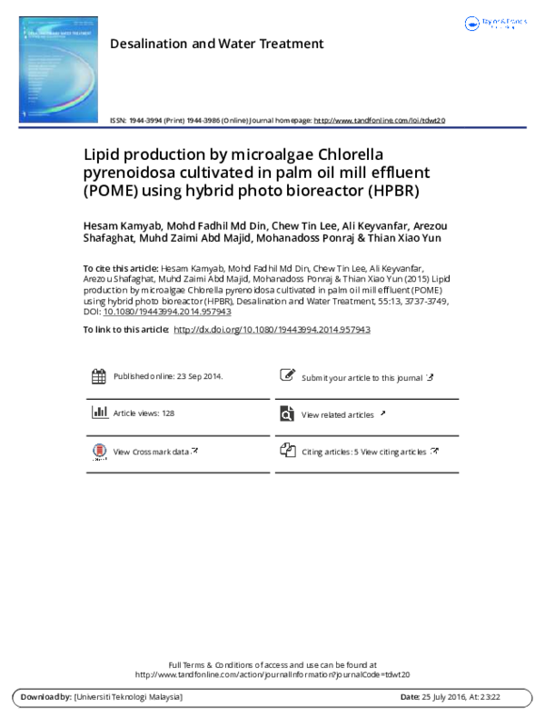 (PDF) Desalination and Water Treatment Lipid production by microalgae Chlorella pyrenoidosa ...