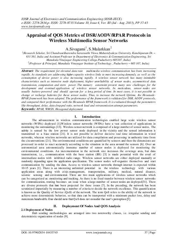 (PDF) Appraisal of QOS Metrics of DSR/AODV/RPAR Protocols in Wireless Multimedia Sensor Networks