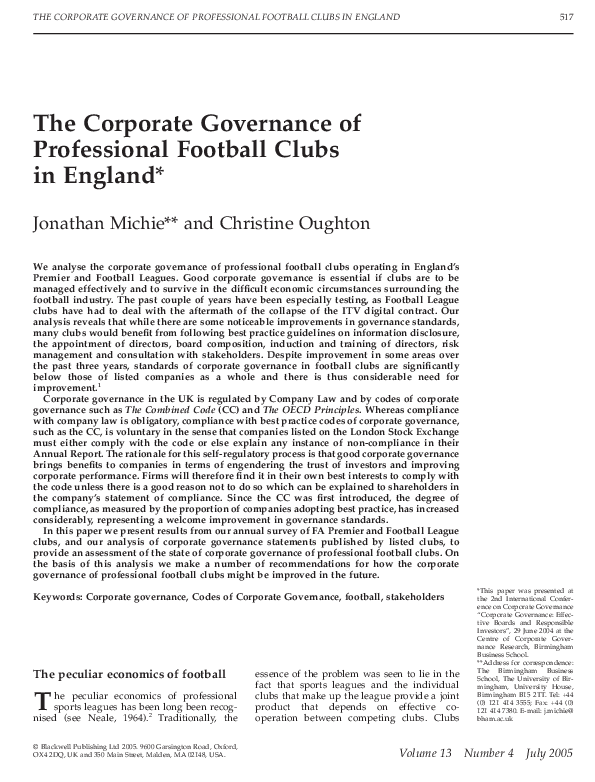 (PDF) The Corporate Governance of Professional Football Clubs in England