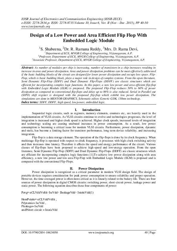 Pdf Design Of A Low Power And Area Efficient Flip Flop With Embedded Logic Module Iosr