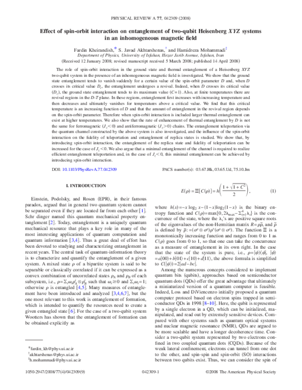 (PDF) Effect of spin-orbit interaction on entanglement of two-qubit Heisenberg XYZ systems in an ...