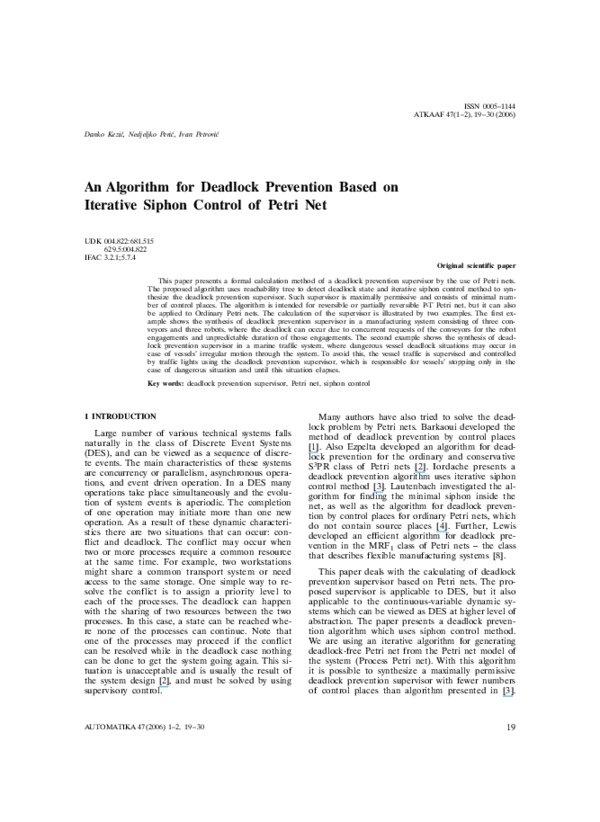 Pdf An Algorithm For Deadlock Prevention Based On Iterative Siphon