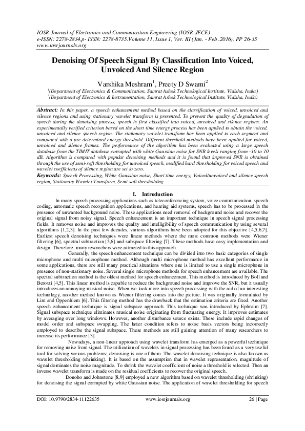 (PDF) Denoising Of Speech Signal By Classification Into Voiced, Unvoiced And Silence Region