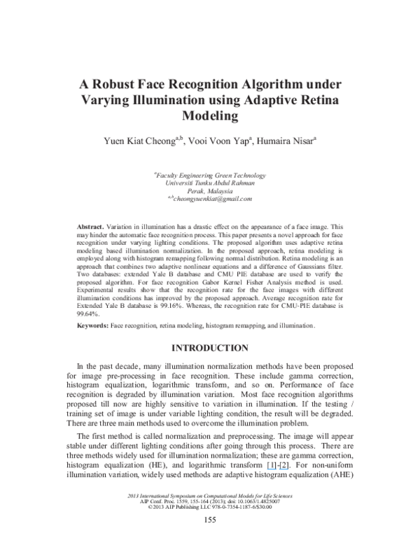 Pdf A Robust Face Recognition Algorithm Under Varying Illumination Using Adaptive Retina Modeling