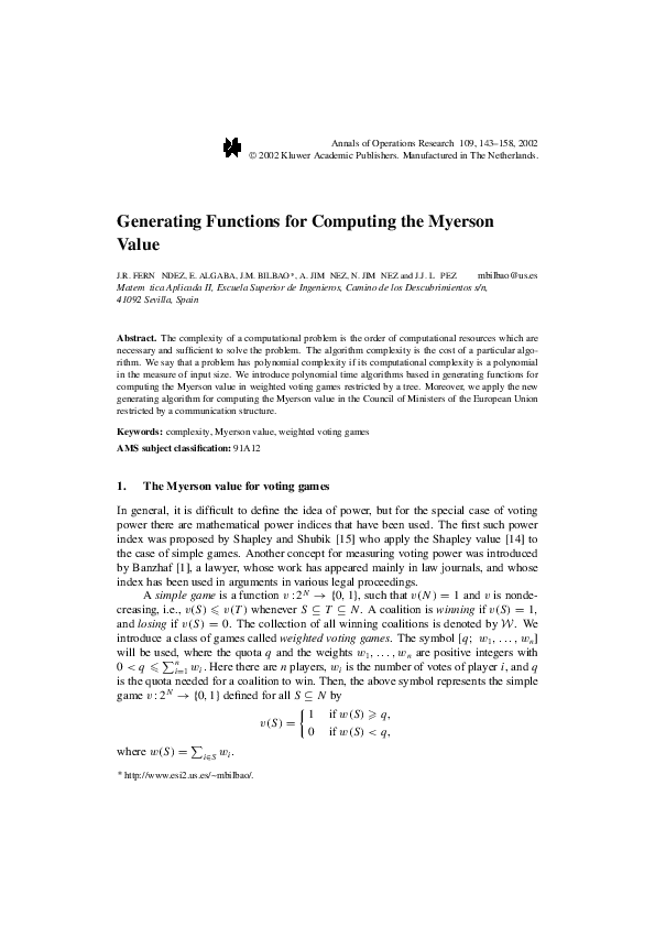 (PDF) Generating Functions for Computing the Myerson Value