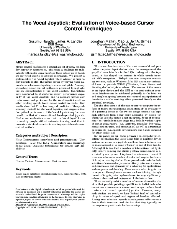 (PDF) The Vocal Joystick: Evaluation of Voice-based Cursor Control ...