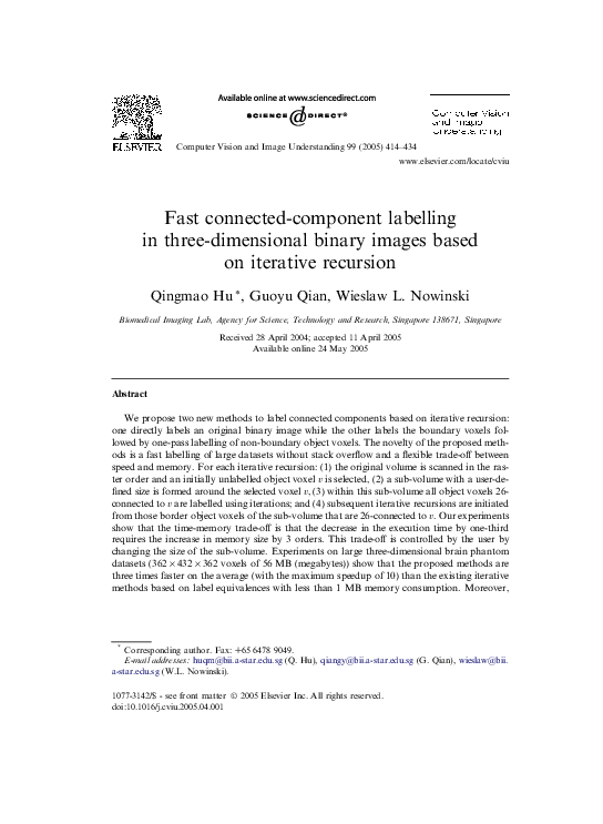 Pdf Fast Connected Component Labelling In Three Dimensional Binary Images Based On Iterative