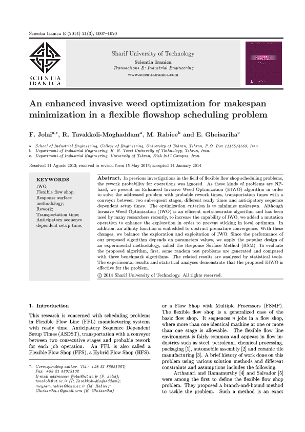 Pdf An Enhanced Invasive Weed Optimization For Makespan Minimization In A Flexible Flowshop