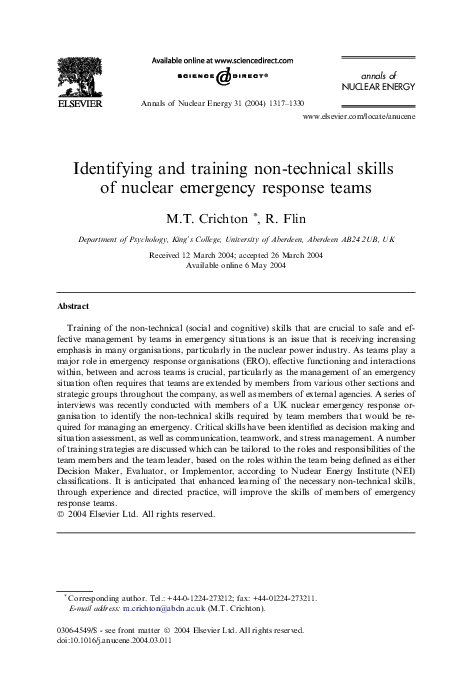 (PDF) Identifying and training non-technical skills of nuclear emergency response teams