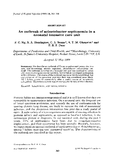 (PDF) An outbreak of acinetobacter septicaemia in a neonatal intensive ...
