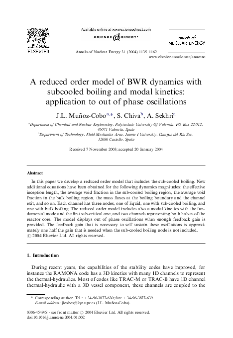 (PDF) A reduced order model of BWR dynamics with subcooled boiling and ...