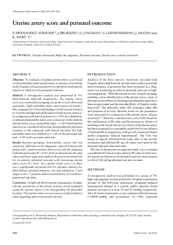 (PDF) Uterine artery score and perinatal outcome