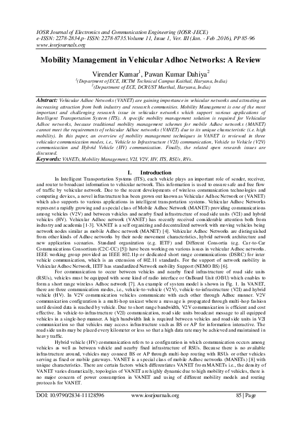 Pdf Mobility Management In Vehicular Adhoc Networks A Review