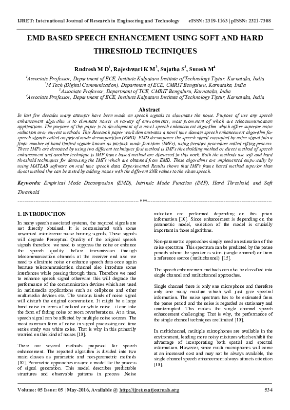 (PDF) EMD BASED SPEECH ENHANCEMENT USING SOFT AND HARD THRESHOLD TECHNIQUES