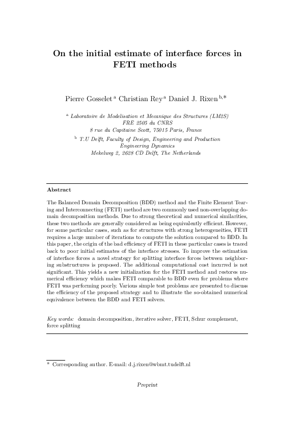 (PDF) On the initial estimate of interface forces in FETI methods